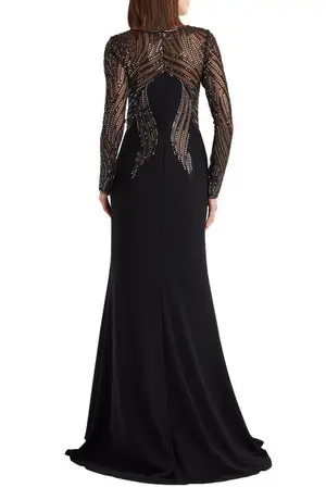 Tadashi Shoji Sequin Mesh Long Sleeve Gown - Black/silver