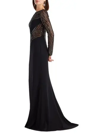 Tadashi Shoji Sequin Mesh Long Sleeve Gown - Black/silver