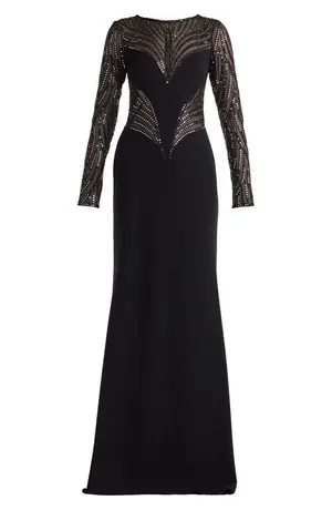 Tadashi Shoji Sequin Mesh Long Sleeve Gown - Black/silver