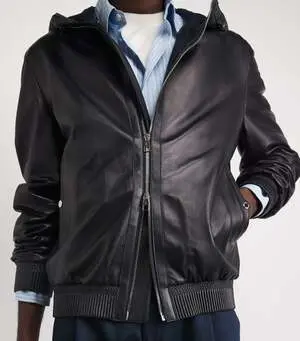 BRETT JOHNSON Hooded Leather Jacket - Navy