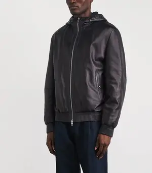 BRETT JOHNSON Hooded Leather Jacket - Navy