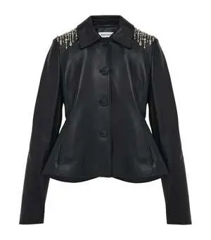Alexander McQueen Embellished Peplum Leather Jacket - Black