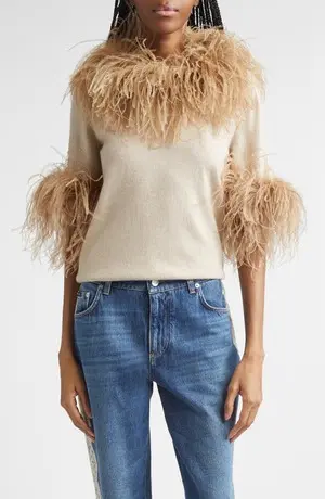 Dolce & Gabbana Feather Trim Cashmere Sweater - Beige