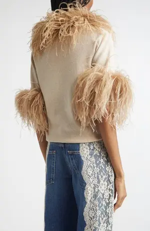 Dolce & Gabbana Feather Trim Cashmere Sweater - Beige