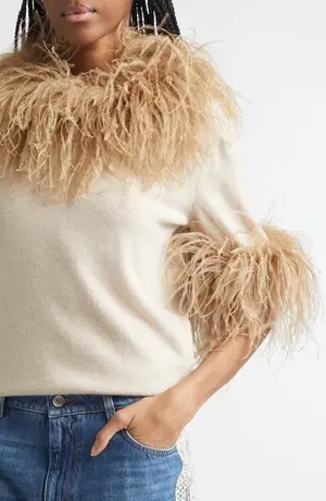 Dolce & Gabbana Feather Trim Cashmere Sweater - Beige