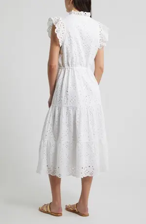 Caslon Ruffle Flutter Sleeve Cotton Broderie Anglaise Midi Dress - White