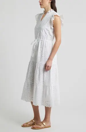 Caslon Ruffle Flutter Sleeve Cotton Broderie Anglaise Midi Dress - White