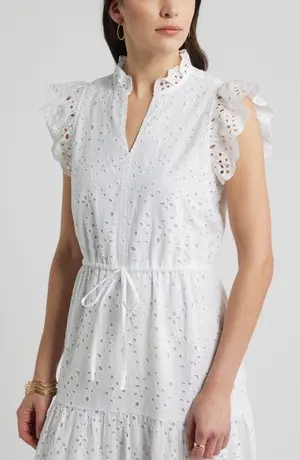 Caslon Ruffle Flutter Sleeve Cotton Broderie Anglaise Midi Dress - White