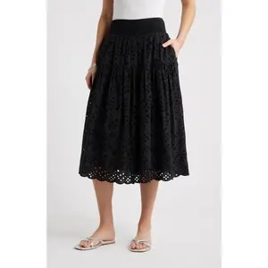 Caslon Smocked Waist Eyelet Midi Skirt - Black