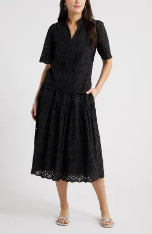Caslon Smocked Waist Eyelet Midi Skirt - Black