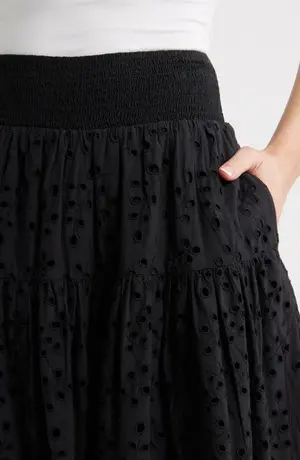 Caslon Smocked Waist Eyelet Midi Skirt - Black