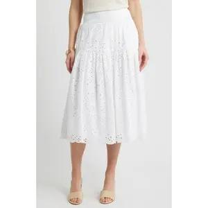 Caslon Smocked Waist Eyelet Midi Skirt - White
