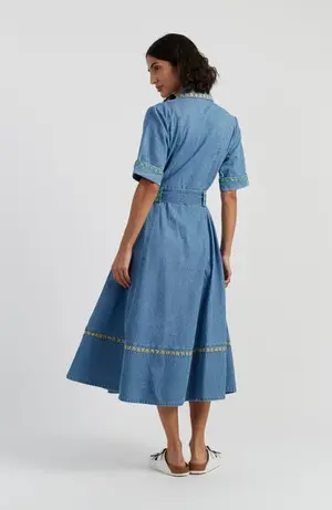 Chinti & Parker Chambray Shirt Dress With Buttercup Embroidery