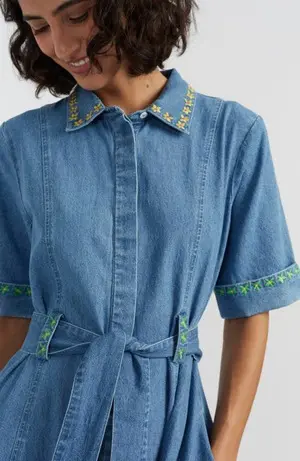 Chinti & Parker Chambray Shirt Dress With Buttercup Embroidery