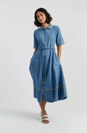 Chinti & Parker Chambray Shirt Dress With Buttercup Embroidery