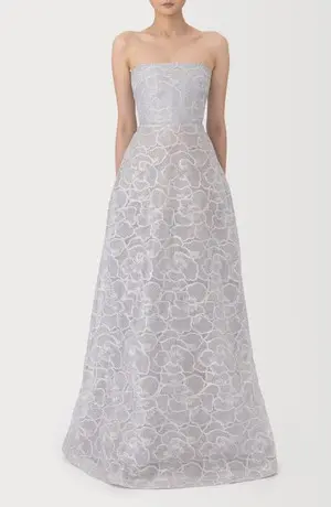 SAU LEE Floral Embroidered Strapless Gown
