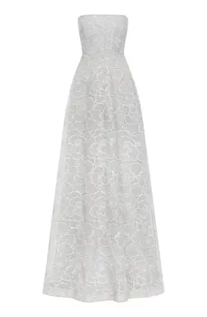 SAU LEE Floral Embroidered Strapless Gown
