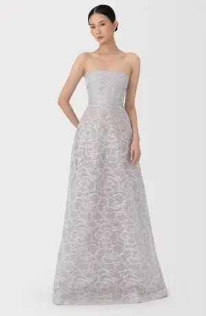 SAU LEE Floral Embroidered Strapless Gown
