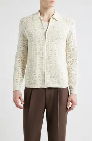 OPEN EDIT Cotton Pointelle Zip Cardigan - Ivory Egret