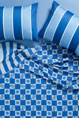 ZSA ZSA ZSU Costa Geometric Jacquard Fringed Oversiezed Coverlet - Medium Blue