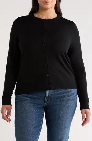 Caslon Merino Wool Blend Crewneck Cardigan - Black