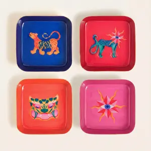 ZSA ZSA ZSU Nanpur Patterned Square Metal Decorative Tray 4 Pcs Set - Pink