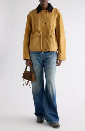 Acne Studios Canvas Work Jacket With Leather Collar - Rust Brown