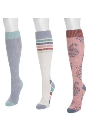MUK LUKS Assorted Cotton-blend Compression Knee High Socks 3 Pack - Blush/blue