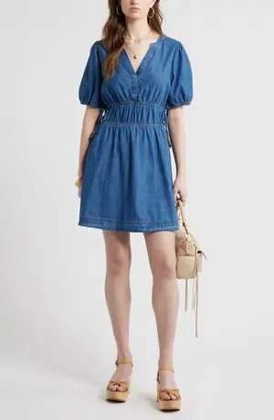 Treasure & Bond Cotton Chambray Mini Dress - Medium Wash