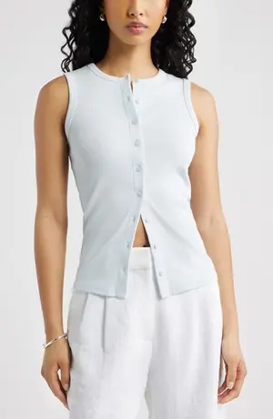 OPEN EDIT Ribbed Button-up Tank - Blue Breeze