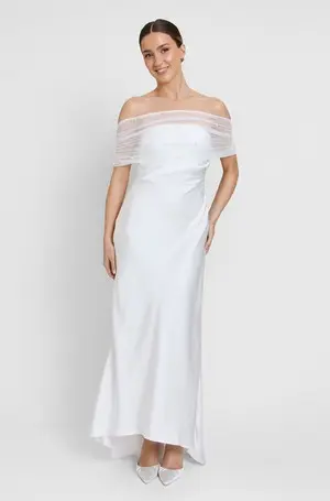 SIX STORIES Beaded Satin Midaxi Dress - White