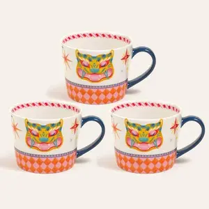ZSA ZSA ZSU Luohu Porcelain Tiger Mug 12 Oz Set Of 3 - Blue