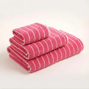 ZSA ZSA ZSU Solid Wide Striped Yarn-dyed 100% Cotton Towel 3-pcs Set - Pink