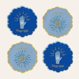 ZSA ZSA ZSU Nilufer 4 Pcs Digital Printed Overlocked Embroidered 100% Cotton Coaster Set - Blue