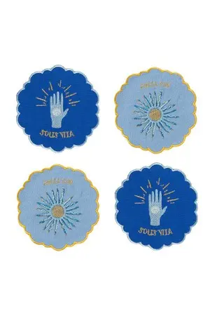 ZSA ZSA ZSU Nilufer 4 Pcs Digital Printed Overlocked Embroidered 100% Cotton Coaster Set - Blue