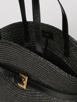 Balmain Shuffle Raffia And Leather Bag - Black