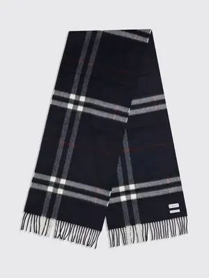 Burberry Fringed Check Scarf In Pure Cashmere - Blue