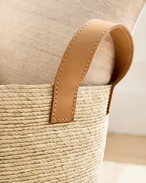 Quince Handwoven Round Palm Baskets With Leather Handles
