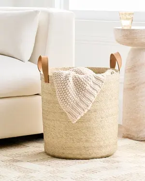 Quince Handwoven Round Palm Baskets With Leather Handles