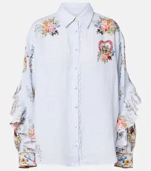 Camilla Floral Linen Shirt - Blue