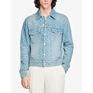 Sandro Square-pattern Denim Trucker Jacket - Sky Blue