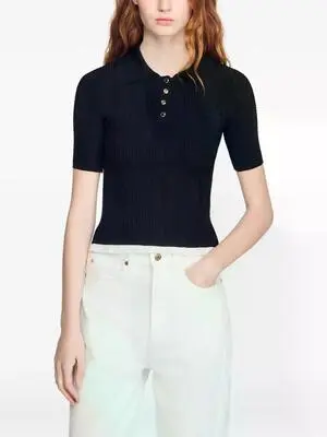 Sandro Knit Polo Top With Button Detail - Black