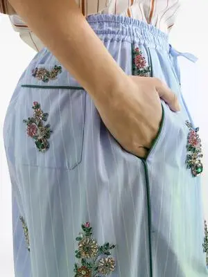 Dolce & Gabbana Striped Poplin Trousers With Crystal Flower Embroidery - Blue