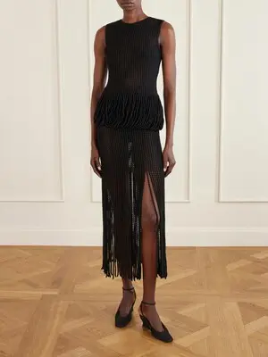 Alaïa Knitted Fringed Midi Skirt - Black