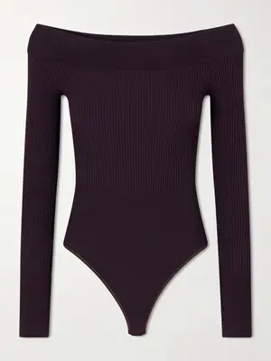 Alaïa Off-the-shoulder Ribbed-knit Bodysuit - Purple