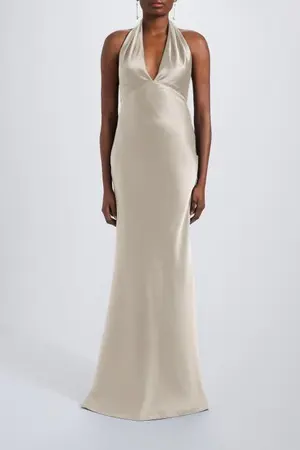 Amsale V-neck Fit-to-flare Halter Gown - Champagne