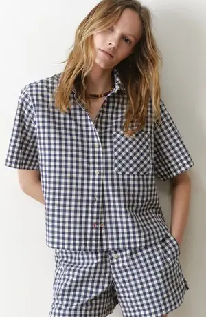 Marine Layer Gingham Cotton Poplin Boxer Shorts - Navy Gingham