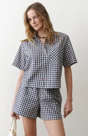 Marine Layer Bonnie Gingham Pima Cotton Poplin Shirt - Navy/white Gingham