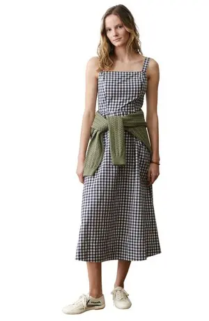 Marine Layer Gingham Pima Cotton Poplin Midi Dress - Navy Gingham