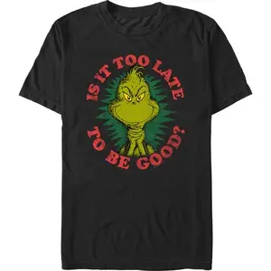 THE GRINCH Dr. Seuss Christmas Is It Too Late To Be Good Short Sleeve Graphic T-shirt - Black